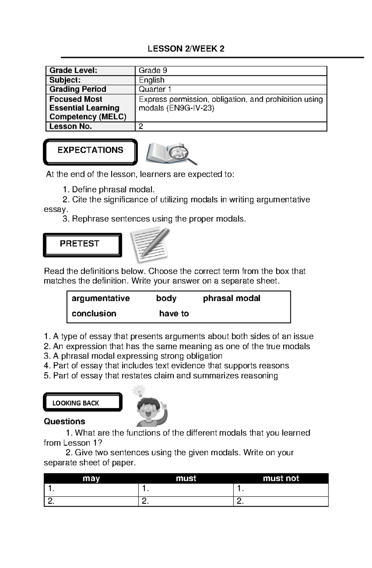 English-9- Module-WEEK-2-Lesson-2-Using-Phrasal-Modals-in-Essays - Studocu
