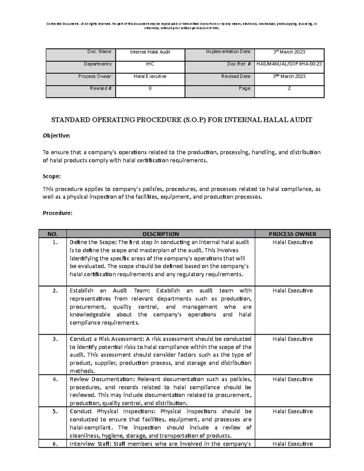 SOP Internal Halal Audit - Controlled Documents. © All rights reserved. No part of this document ...