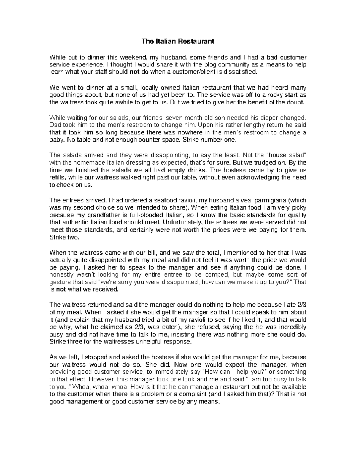 The Italian Restaurant Experience: A Case Study on Poor Service - Studocu