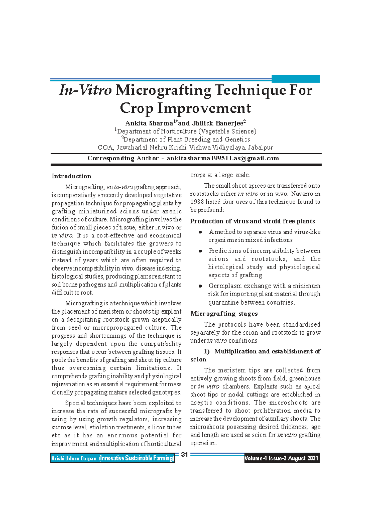 In-Vitro Micrografting Techniques for Crop Improvement - Studocu