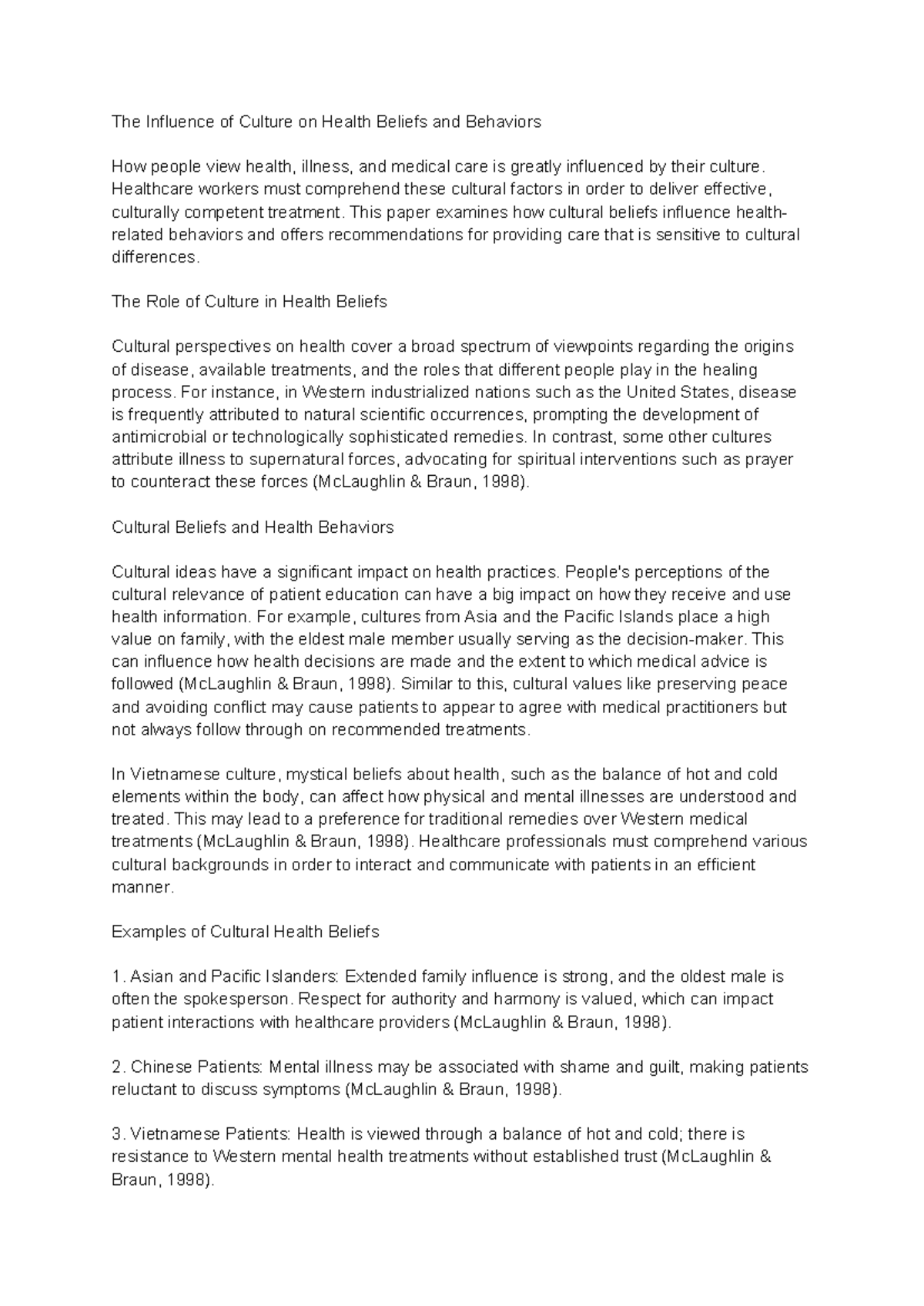 The influence of culture on health beliefs and behaviors - UNIT 07 ...