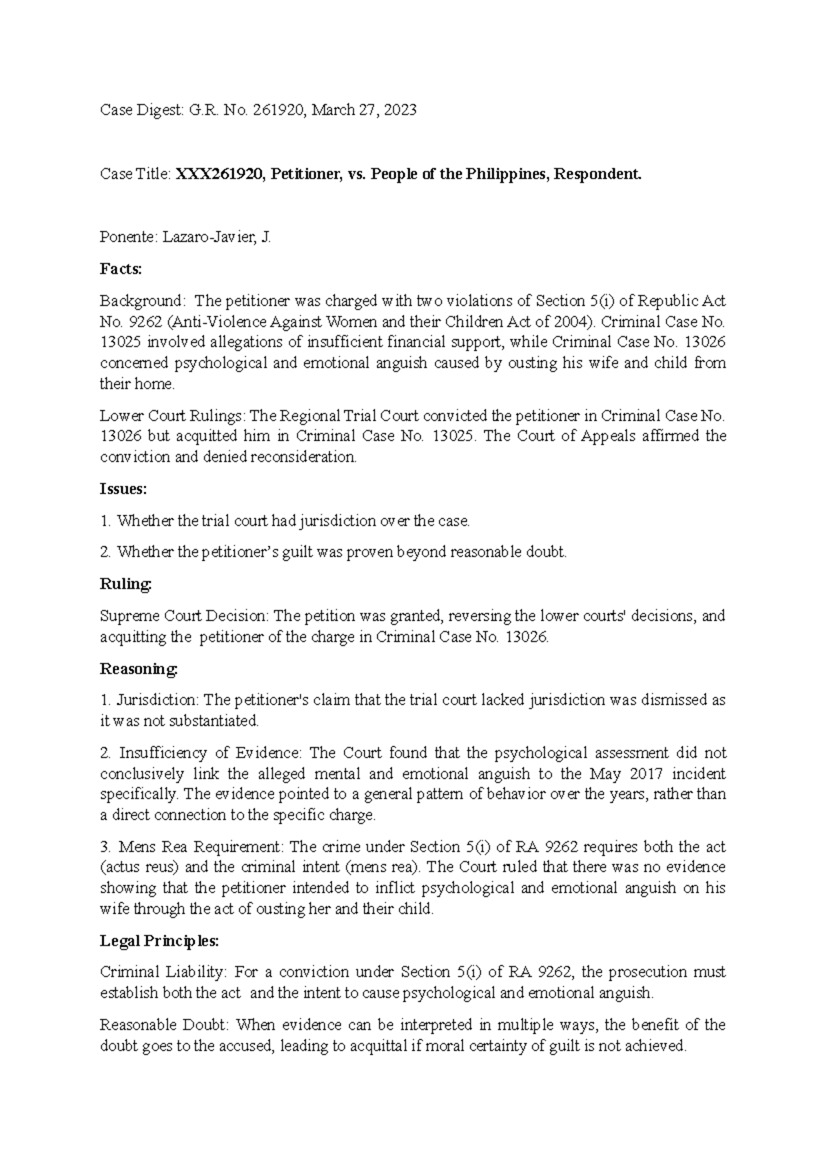 Case Digest: G. No. 261920 - Supreme Court Ruling on RA 9262 Violation ...