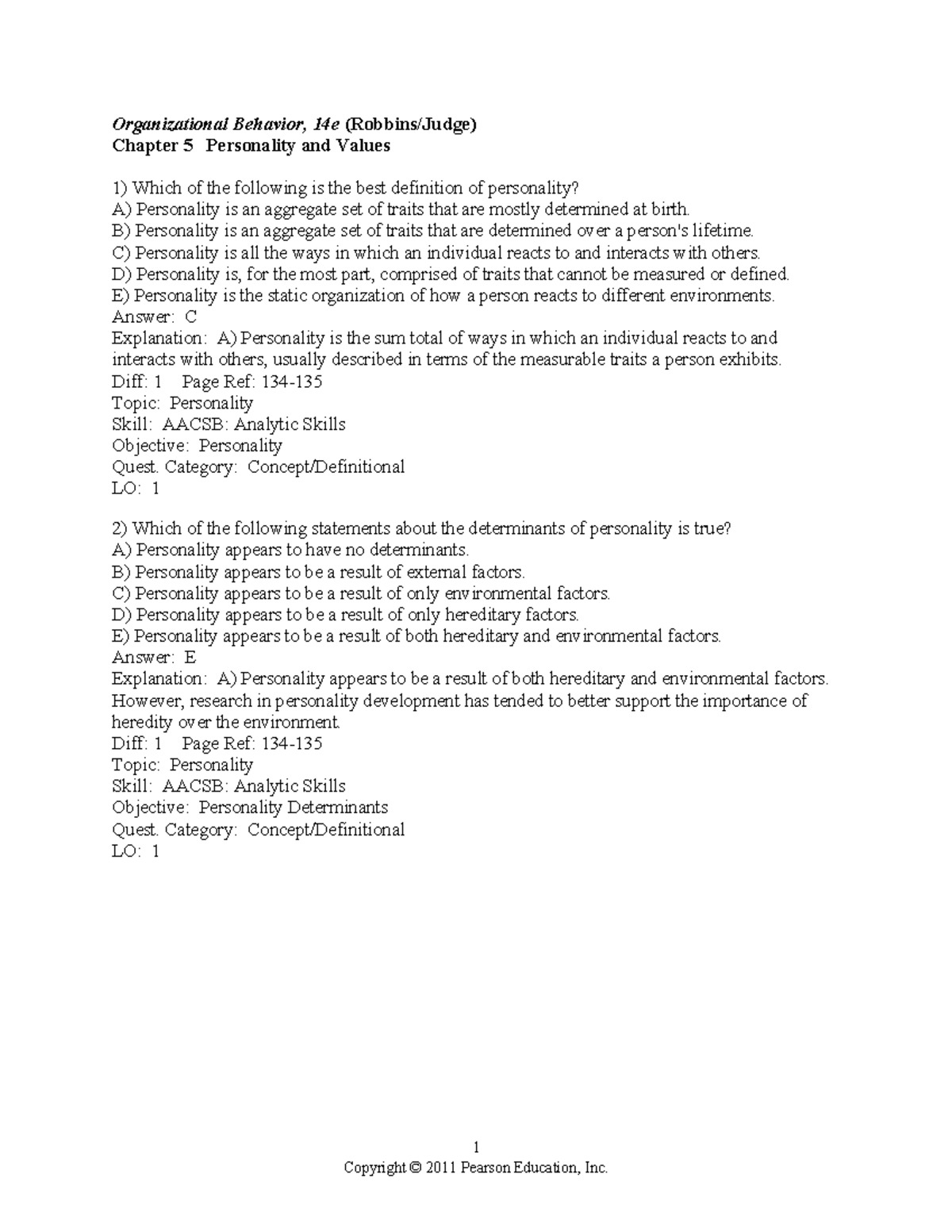 Chapter 5 - Test Bank for "Organizational Behavior" (14e) - Studocu