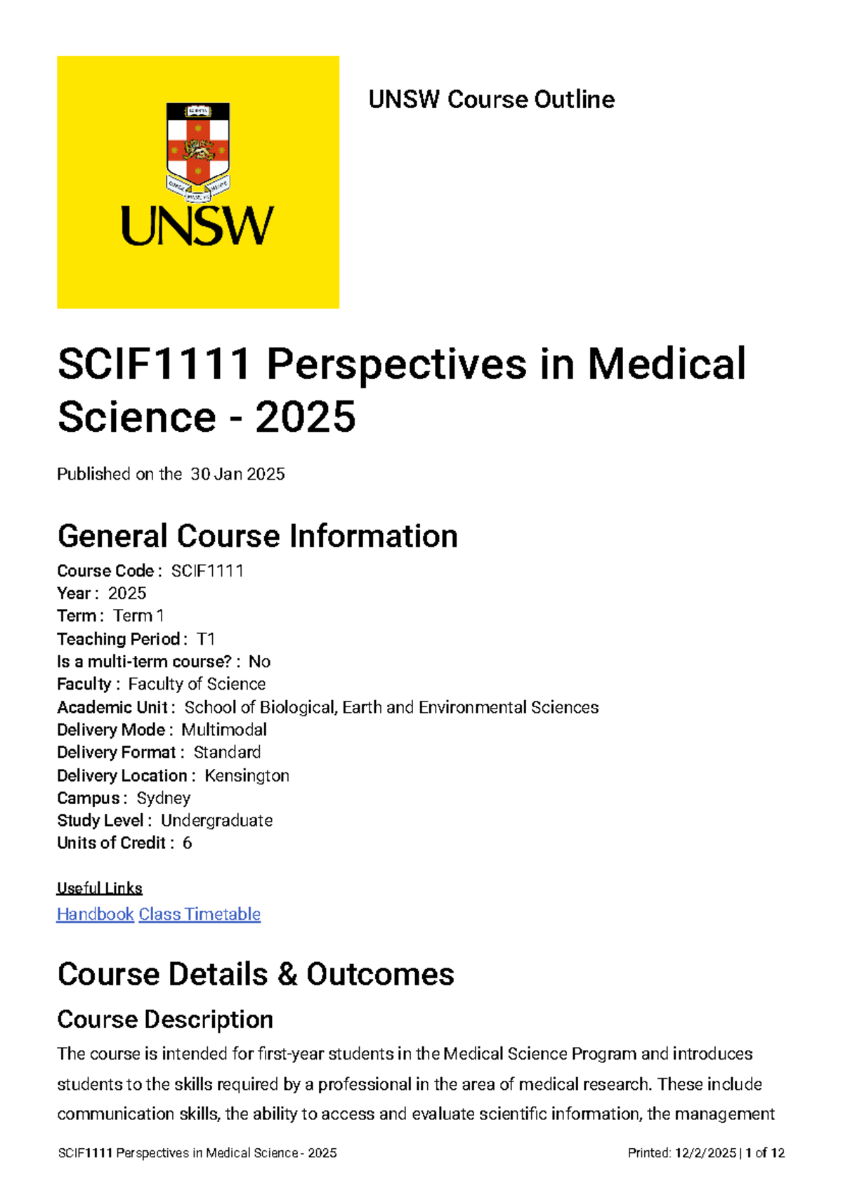 UNSW Course Outline: Perspectives in Medical Science 2025 - Studocu
