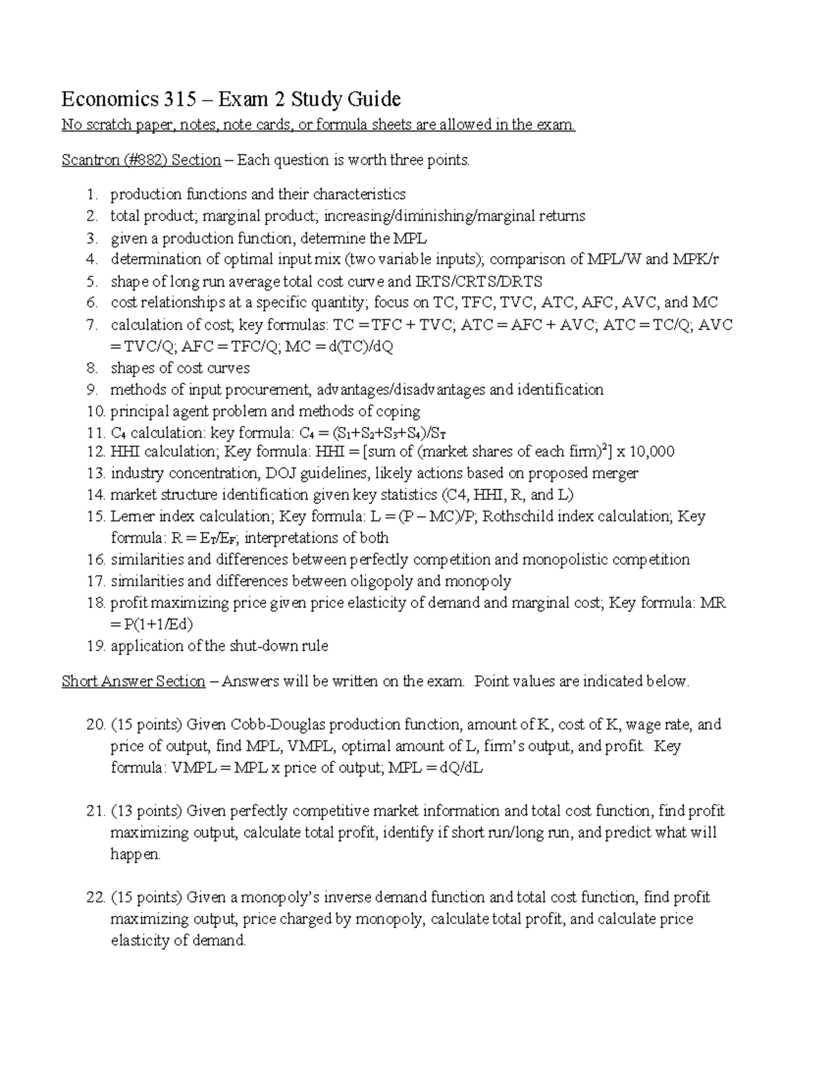 Exam 2 study guide - Economics 315 – Exam 2 Study Guide No scratch ...