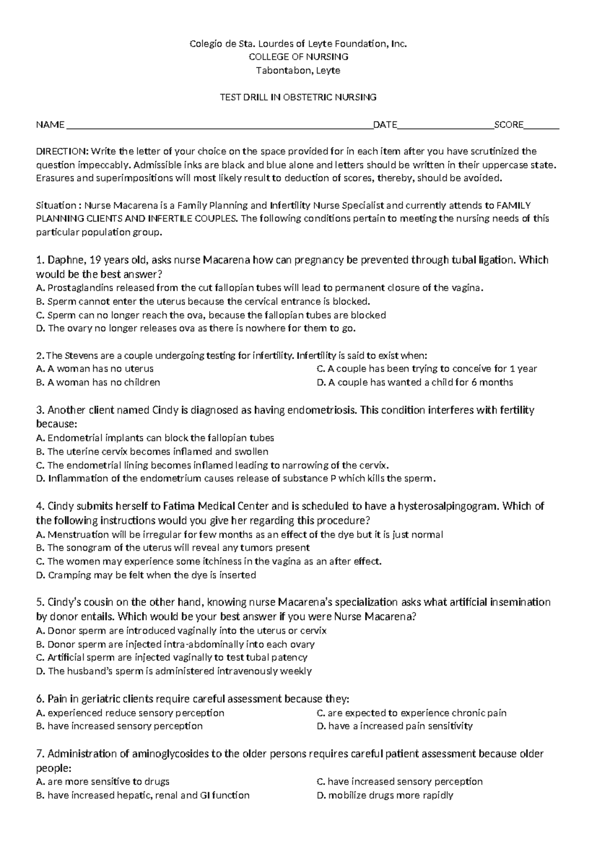 TEST DRILL IN OB NURSING (Mchdrill.oba2.2) - Sample Questions and ...