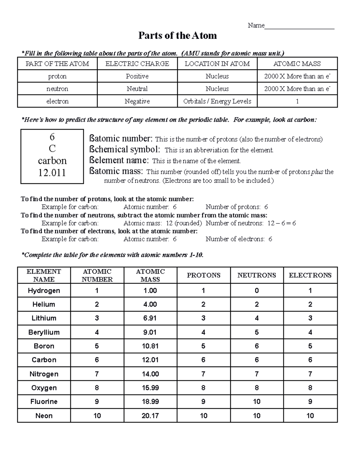 Parts of the Atom work sheet Answers - Name____________________ Parts ...