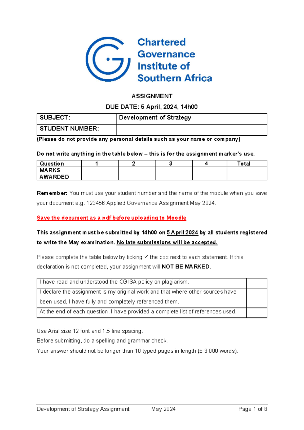 Development of Strategy Assignment 1st semester May 2024 - ASSIGNMENT ...