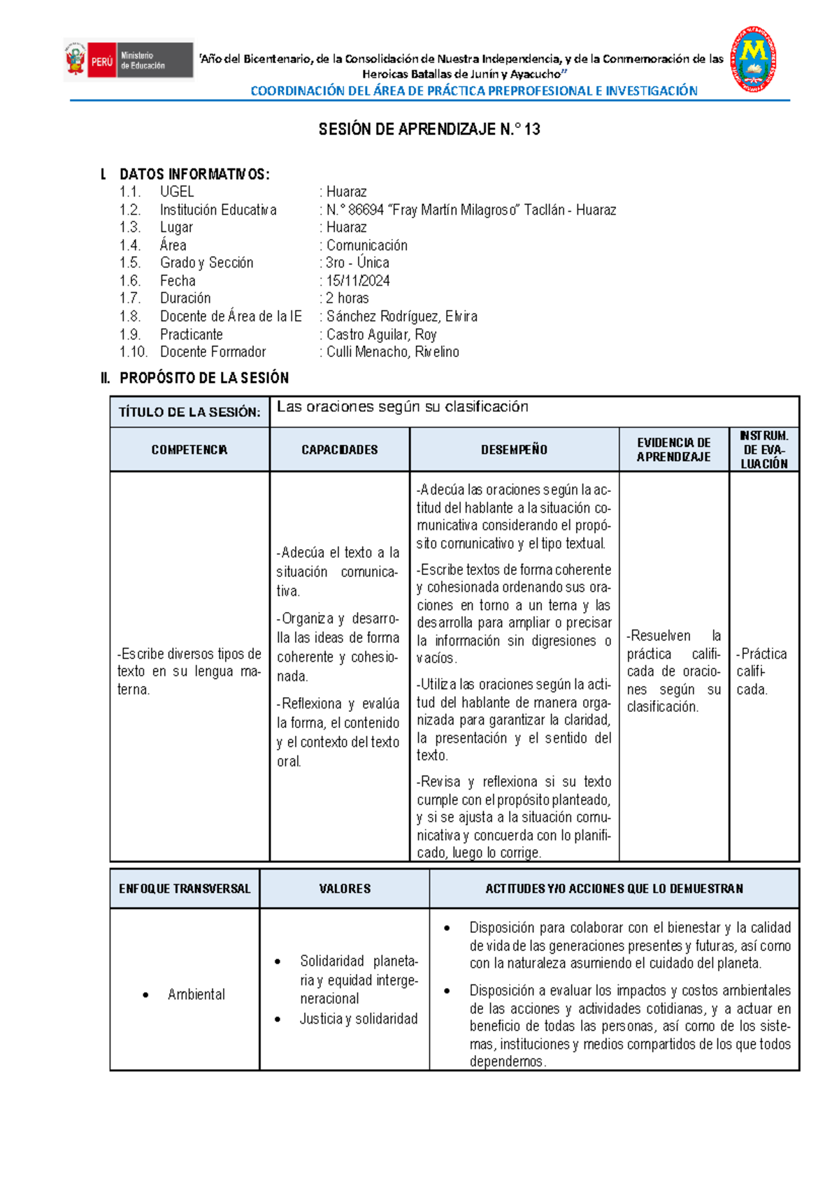 Sesión de Aprendizaje N.° 13: Clasificación de Oraciones según Actitud ...
