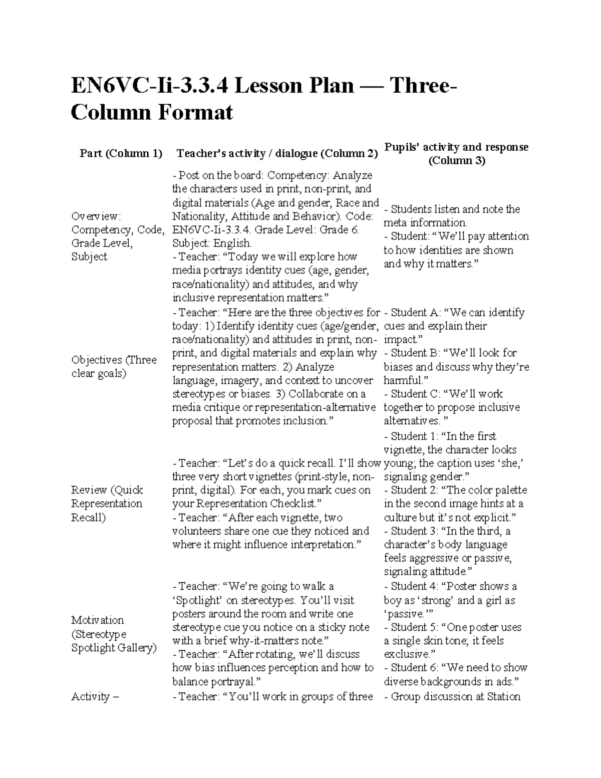 Lesson Plan: Analyzing Identity Cues in Media (ENG 6) - Studocu