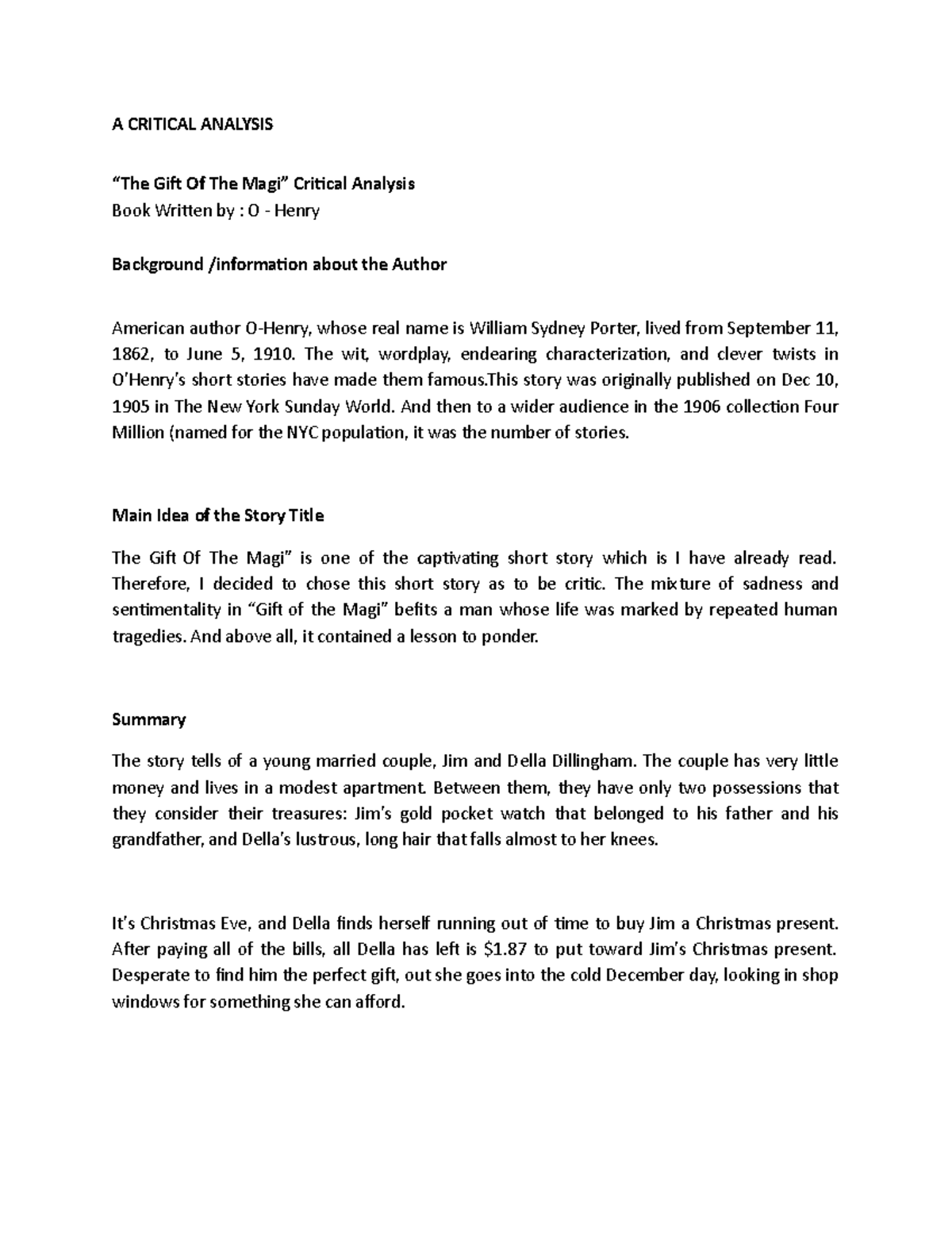 A Critical Analysis - A CRITICAL ANALYSIS “The Gift Of The Magi ...