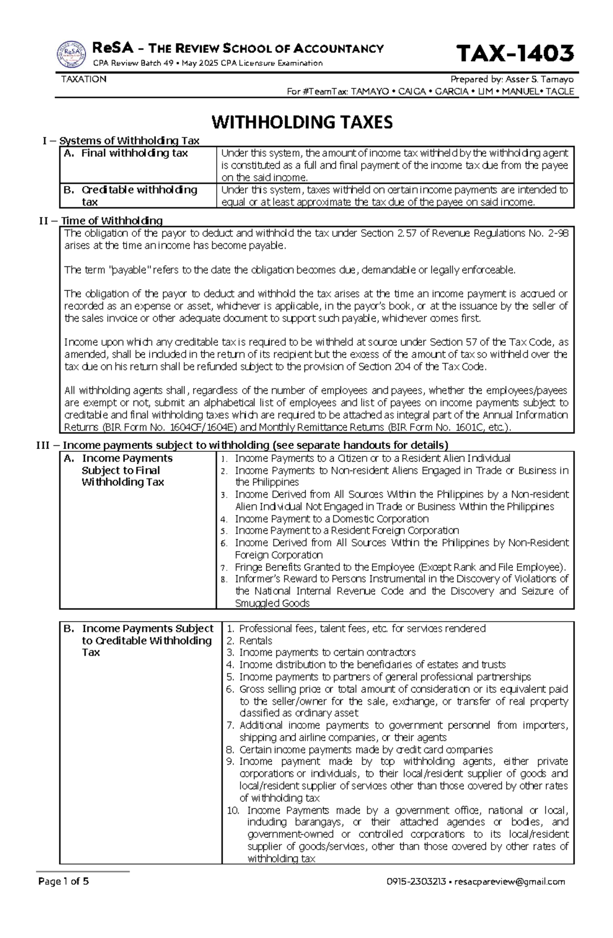 ReSA CPA Review Batch 49: Withholding Taxes Overview for May 2025 - Studocu