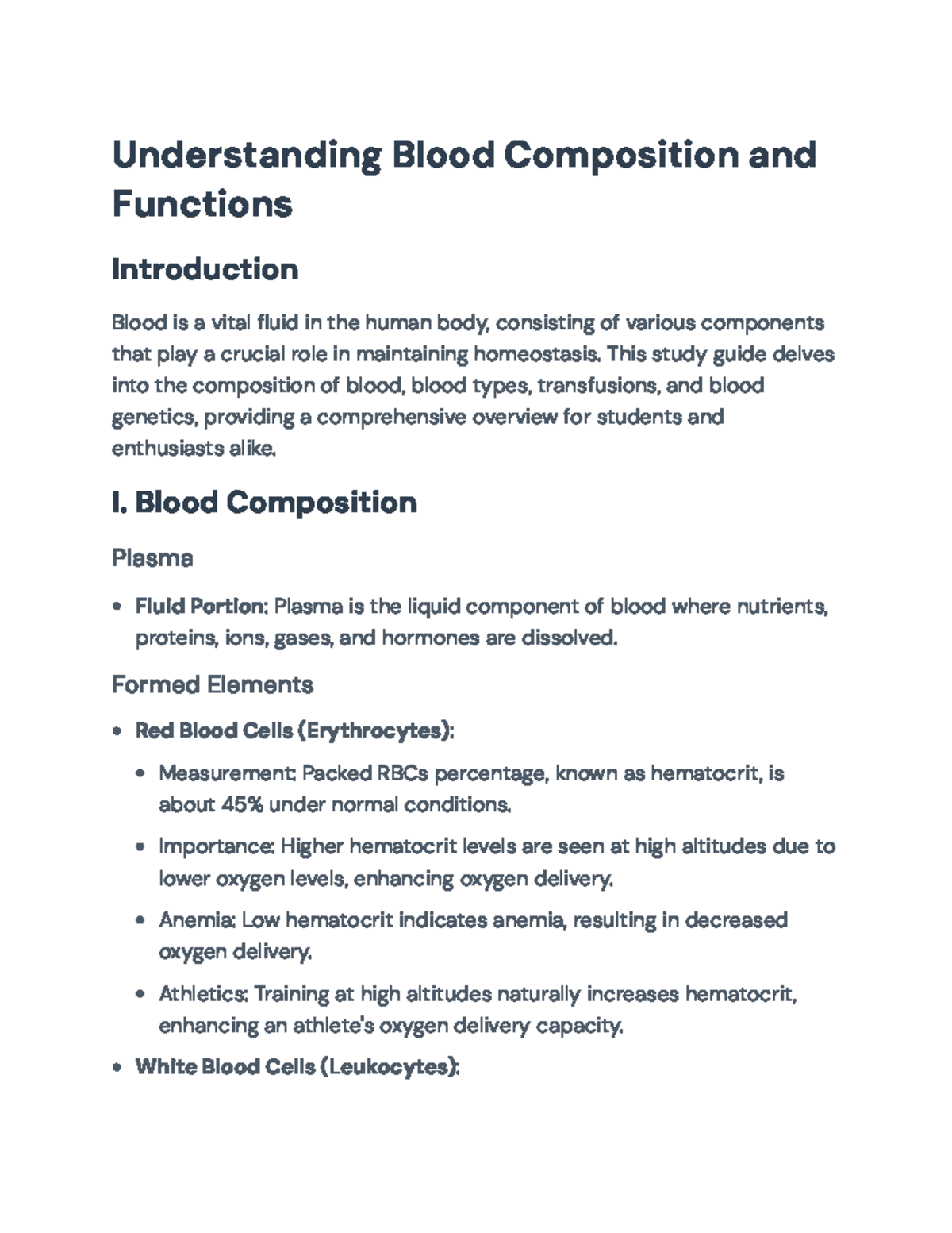 Blood Composition and Functions Study Guide (Biology 101 ...