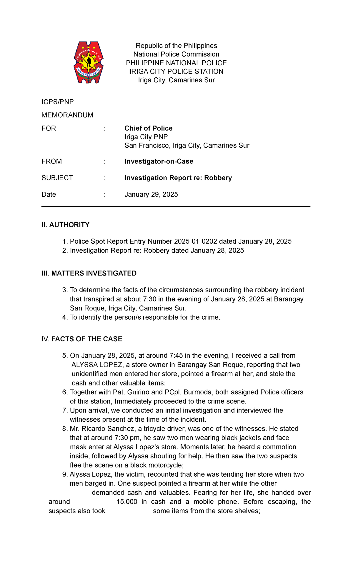 Investigation- Report - AUTHORITY Police Spot Report Entry Number 2025 ...
