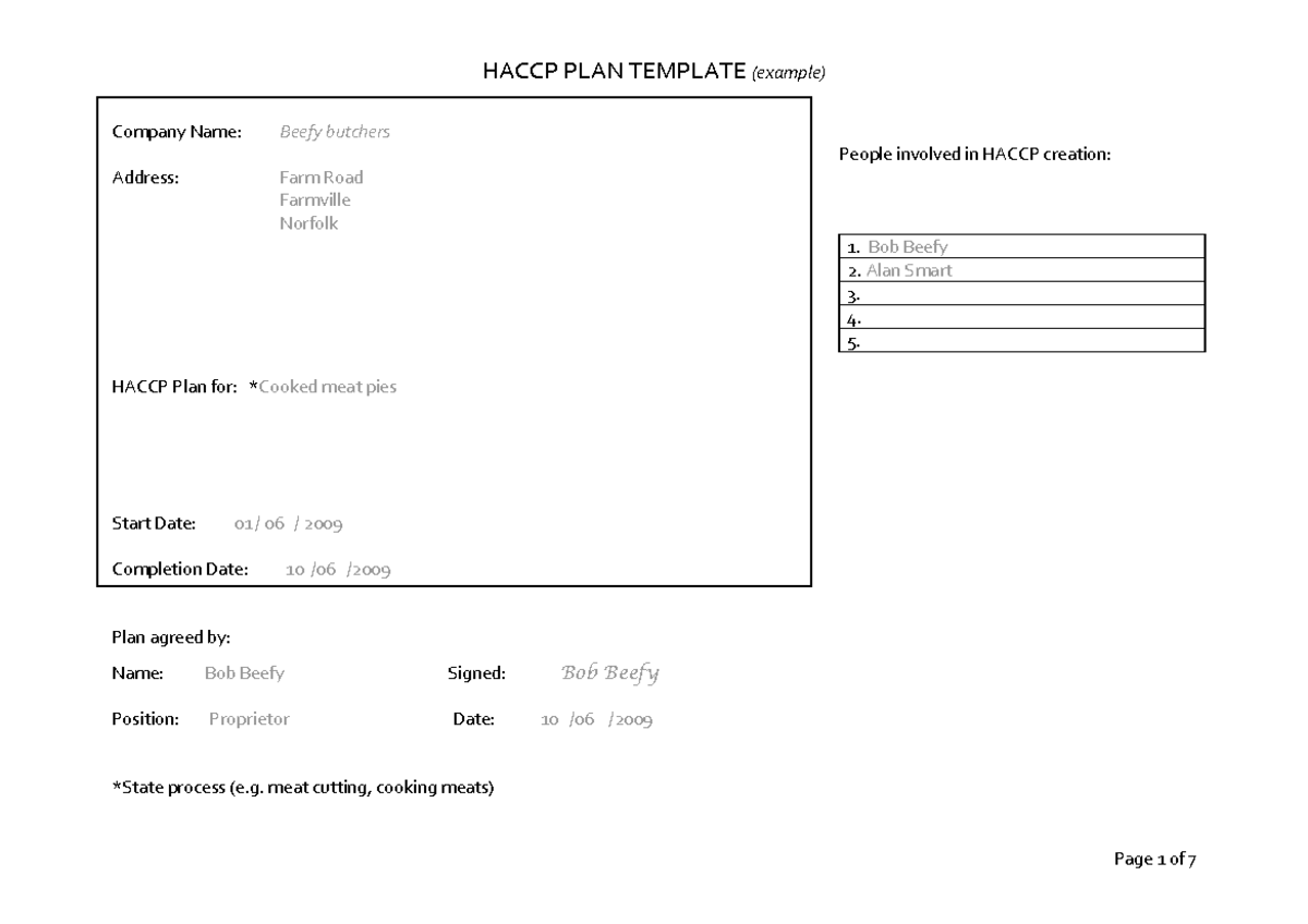 HACCP Plan Template for Cooked Meat Pies - Beefy Butchers - Studocu