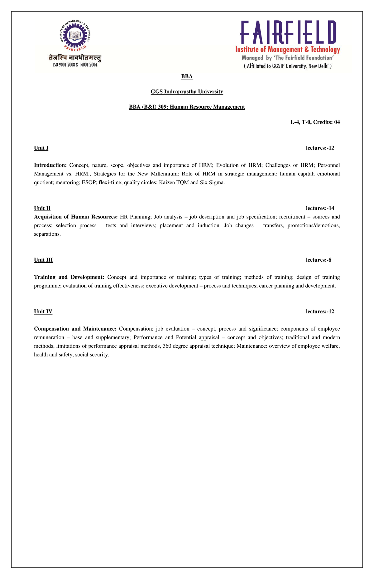BBA (B&I) 309: Human Resource Management Lecture Notes - Studocu