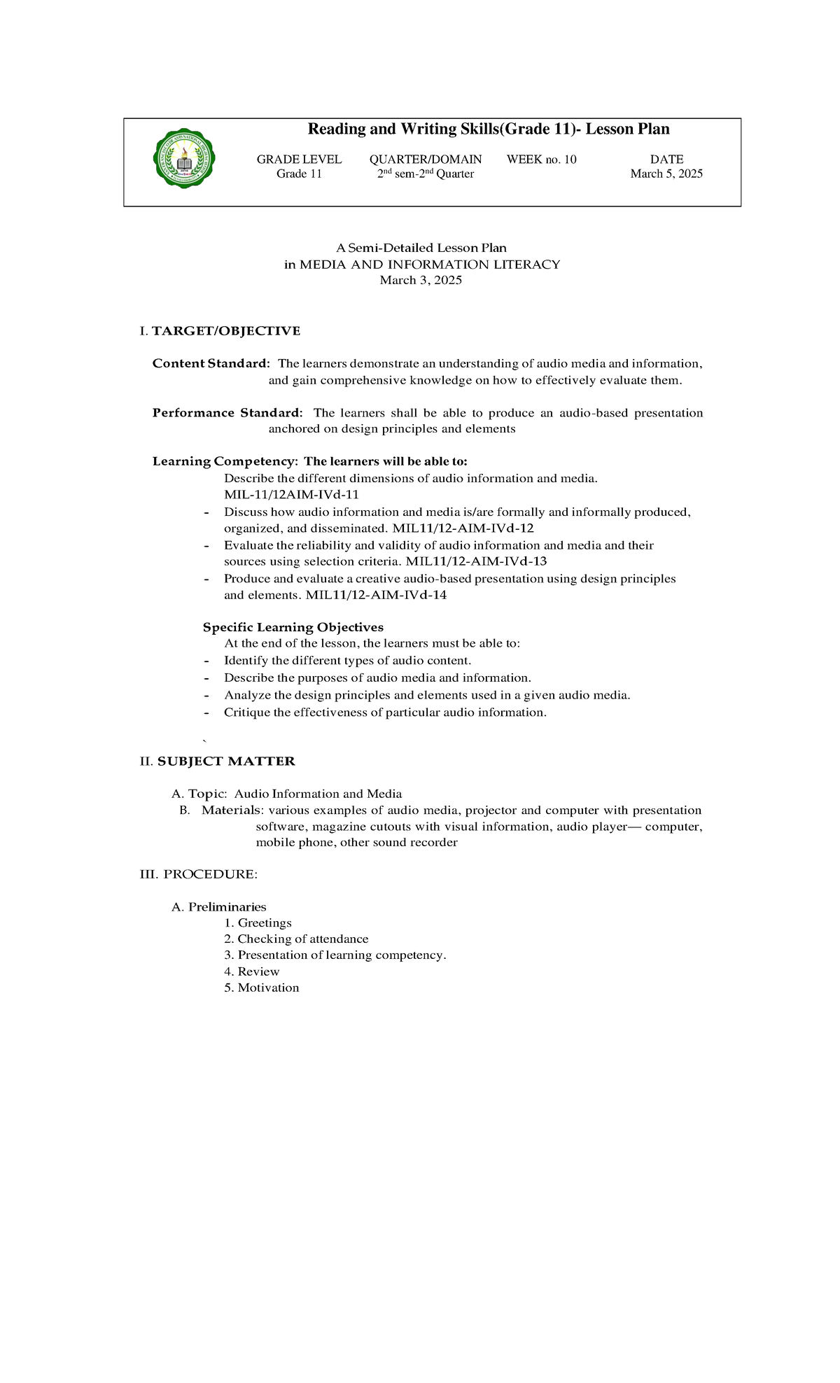 Lesson plan audio visual media - Reading and Writing Skills(Grade 1 1 ...