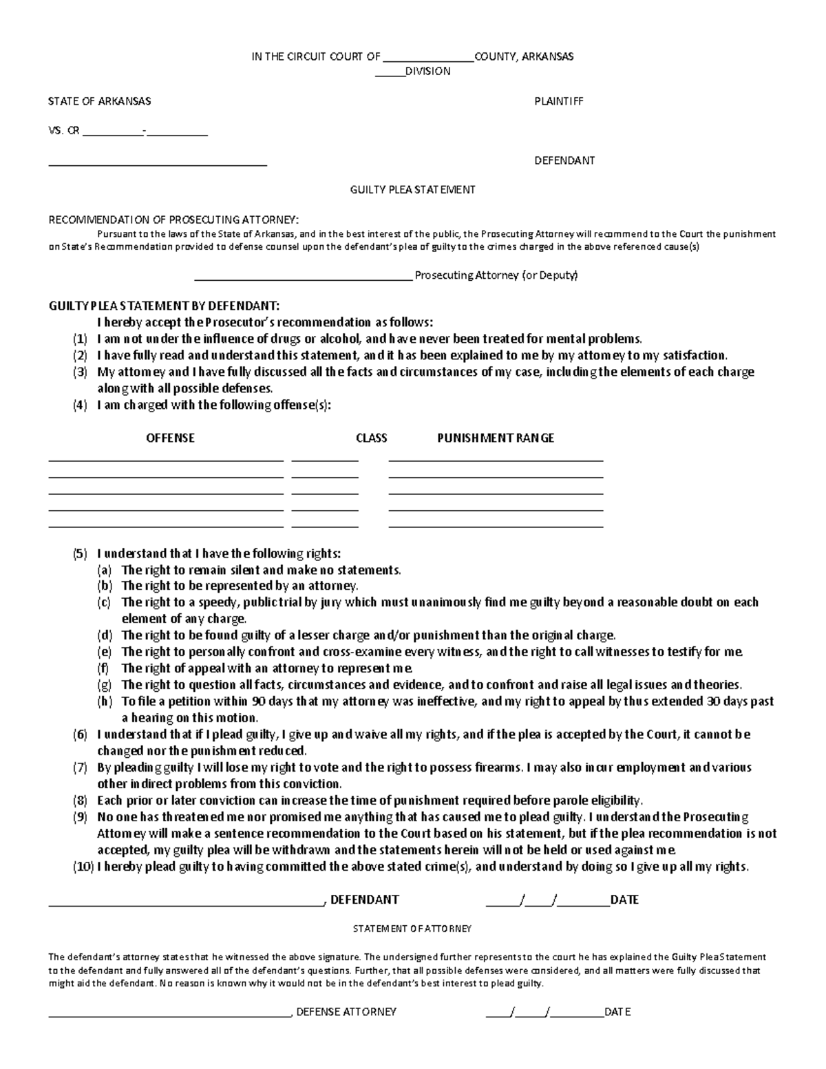 Guilty Plea Statement for Circuit Court Case: Arkansas CR ...
