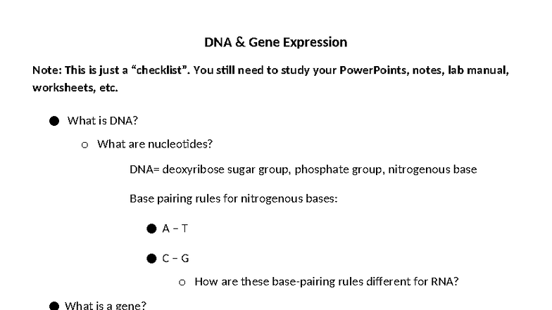 Chp. 7 DNA & Gene Expression Review Sheet - Studocu