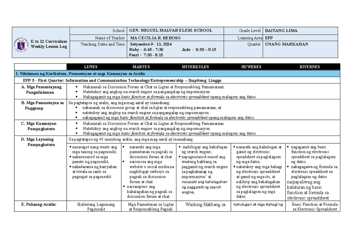 EPP Q1 Week-6 WLL - Summary lesson needed by teachers in doing their ...