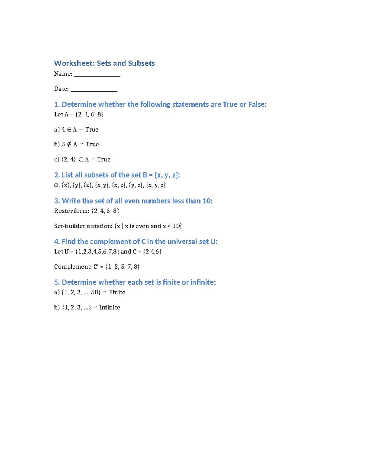 Sets and Subsets Worksheet - Worksheet: Sets and Subsets Name ...