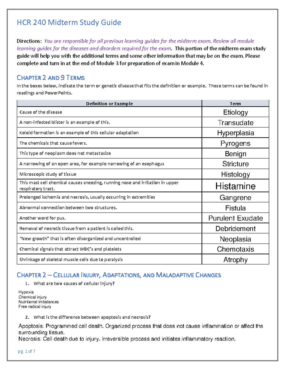 Patho Midterm Exam Study - Directions: You are responsible for all previous learning guides for ...