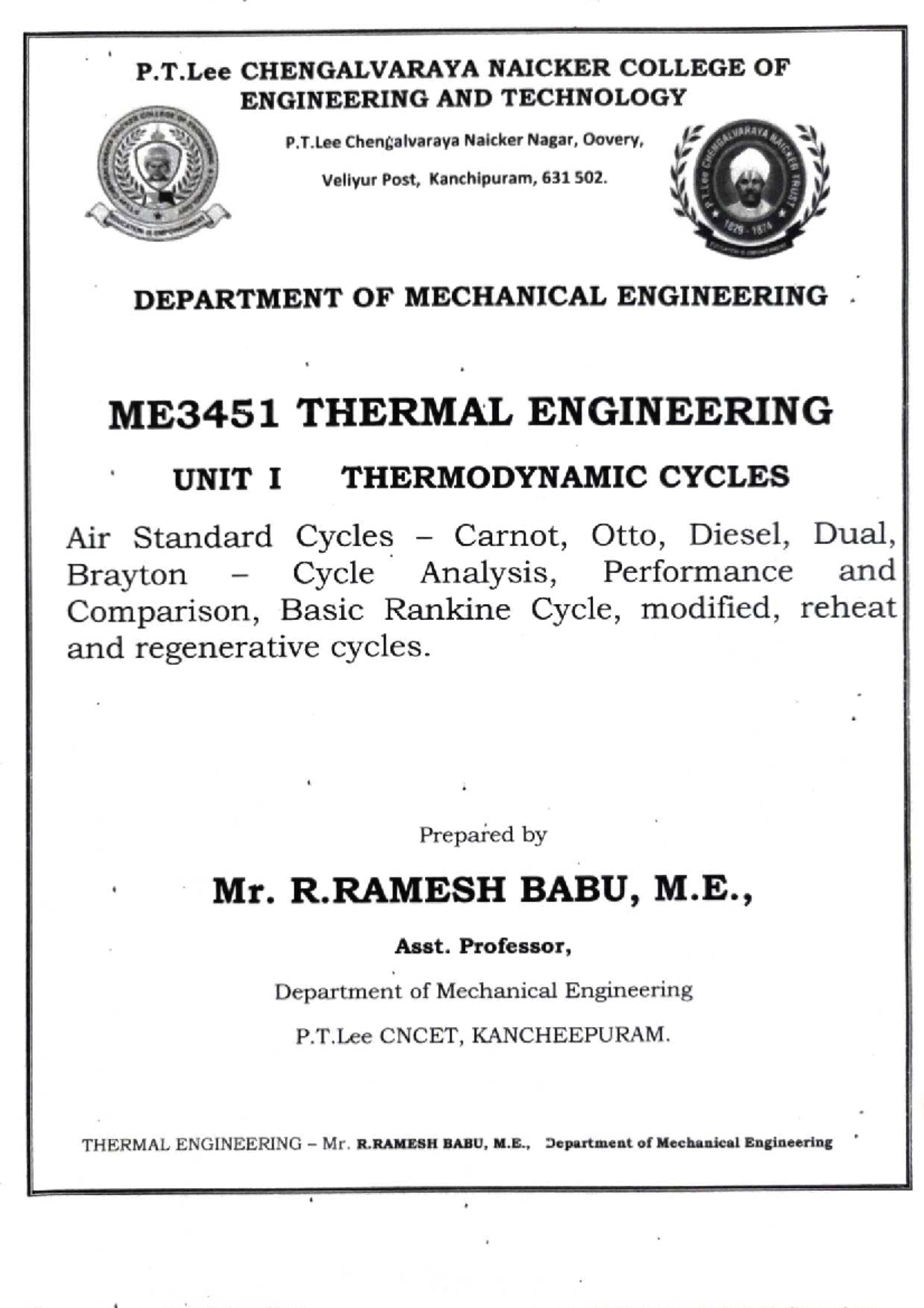 ME3451 Thermal Engineering - Unit 1: Thermodynamic Cycles Overview ...