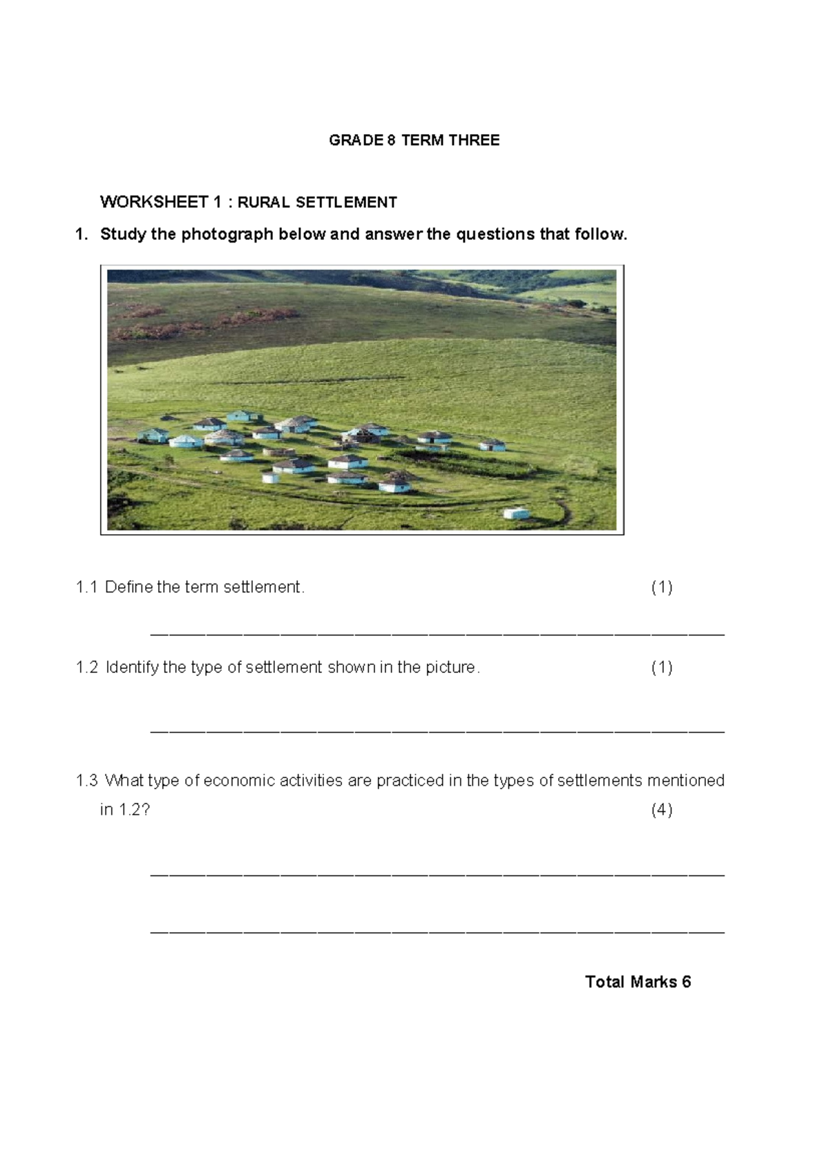 2024 T3 GRD 8 GEO Worksheets - Rural & Urban Settlements - Studocu