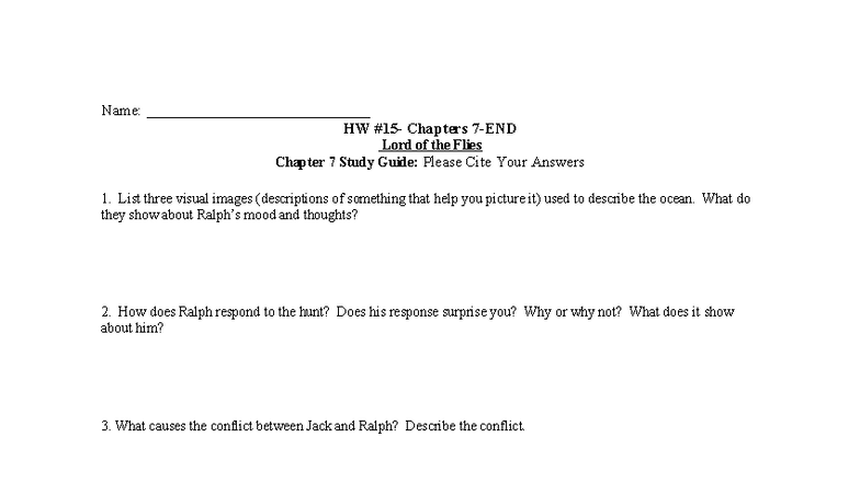 Lord of the Flies SG: Chapters 7-12 HW Study Guide - Studocu