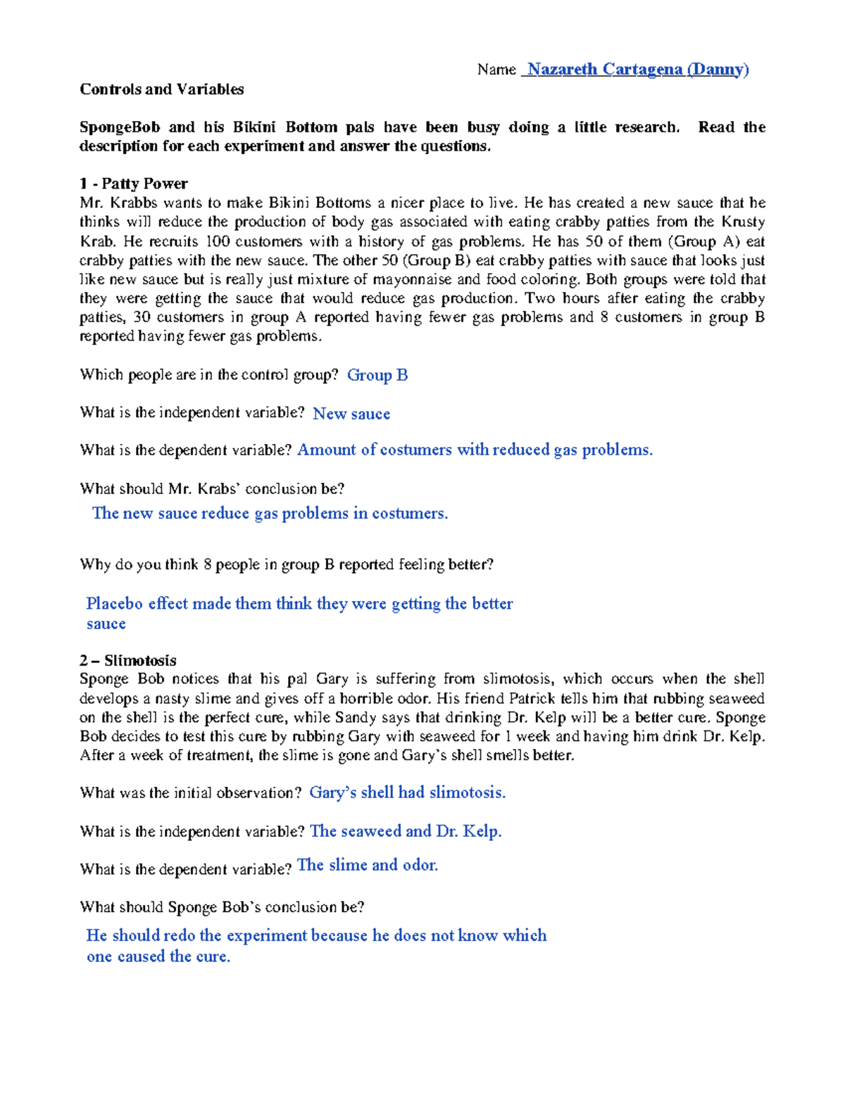 Controls and Variables Worksheet for Science Experiments (2013) - Studocu
