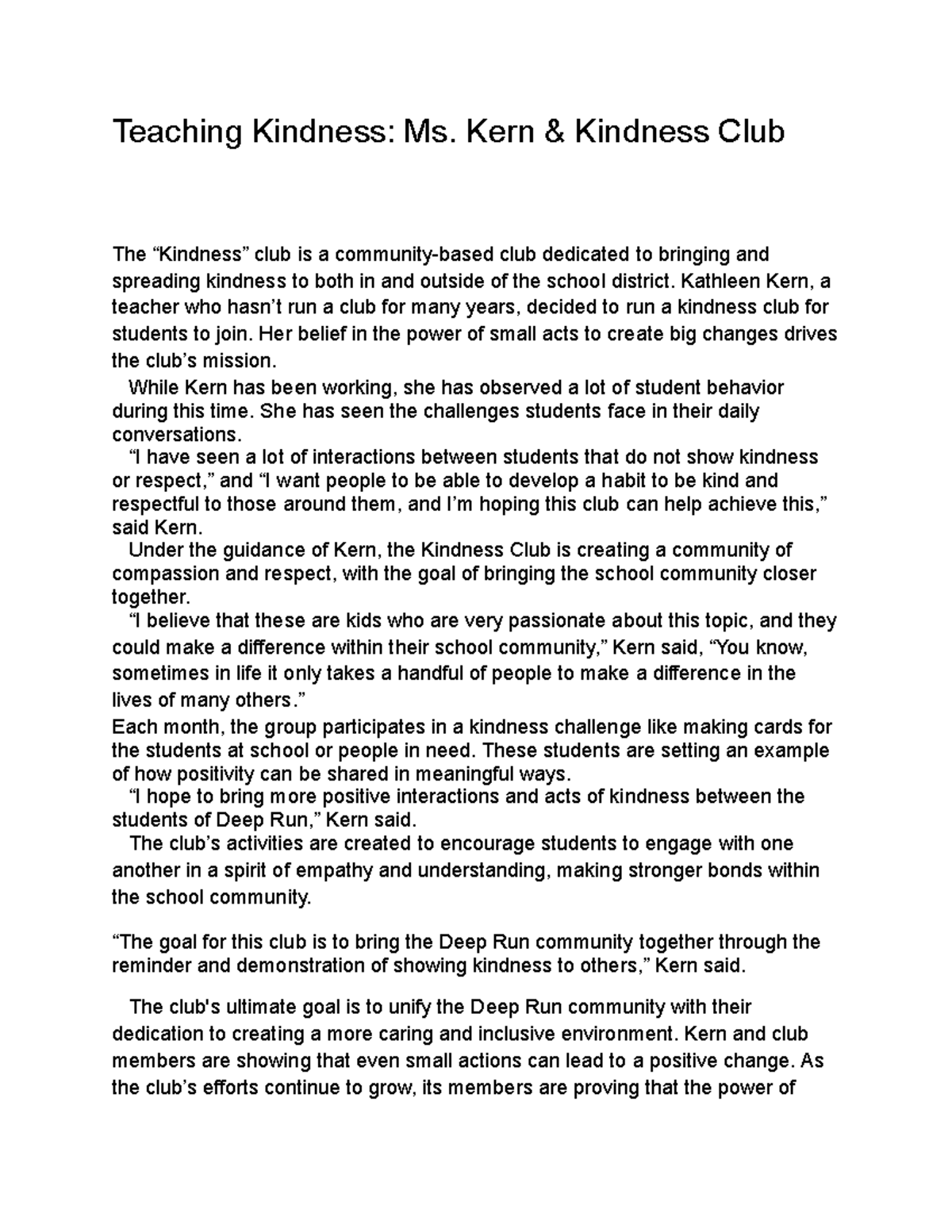 First Draft - idk - Teaching Kindness: Ms. Kern & Kindness Club The ...