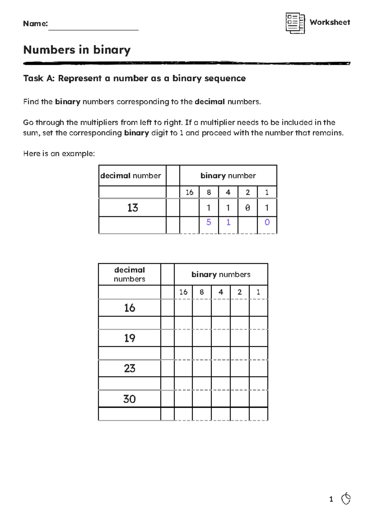 Worksheet on Binary Numbers: Conversion Tasks A & B - NET101 - Studocu