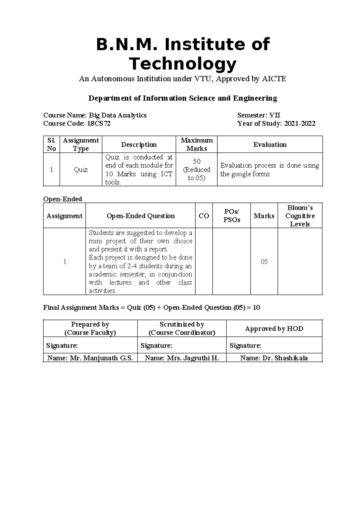 Big Data Analytics Quiz (18CS72) - Semester VII Assignment - Studocu