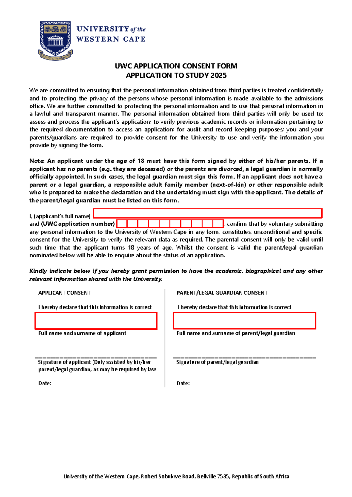 UWC Application Consent Form 2025: Parent/Guardian Approval Required ...