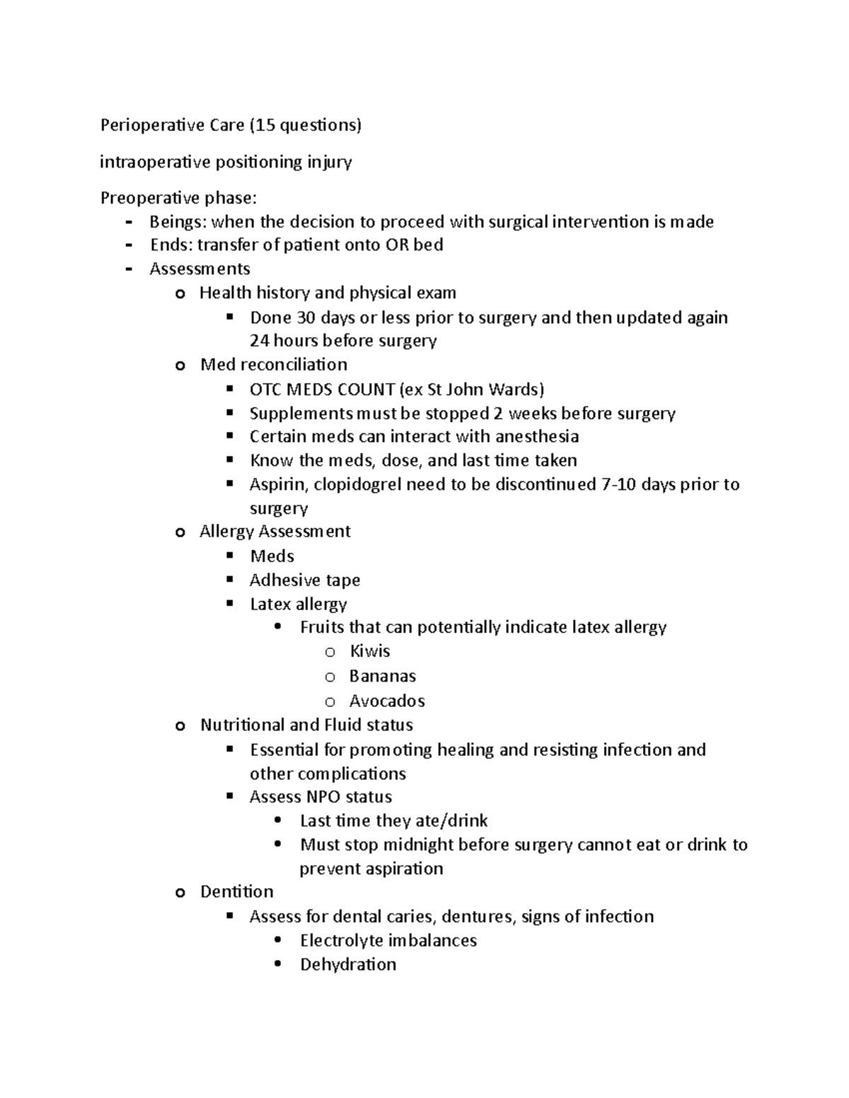 Exam 1 med surg notes - Perioperative Care (15 questions ...