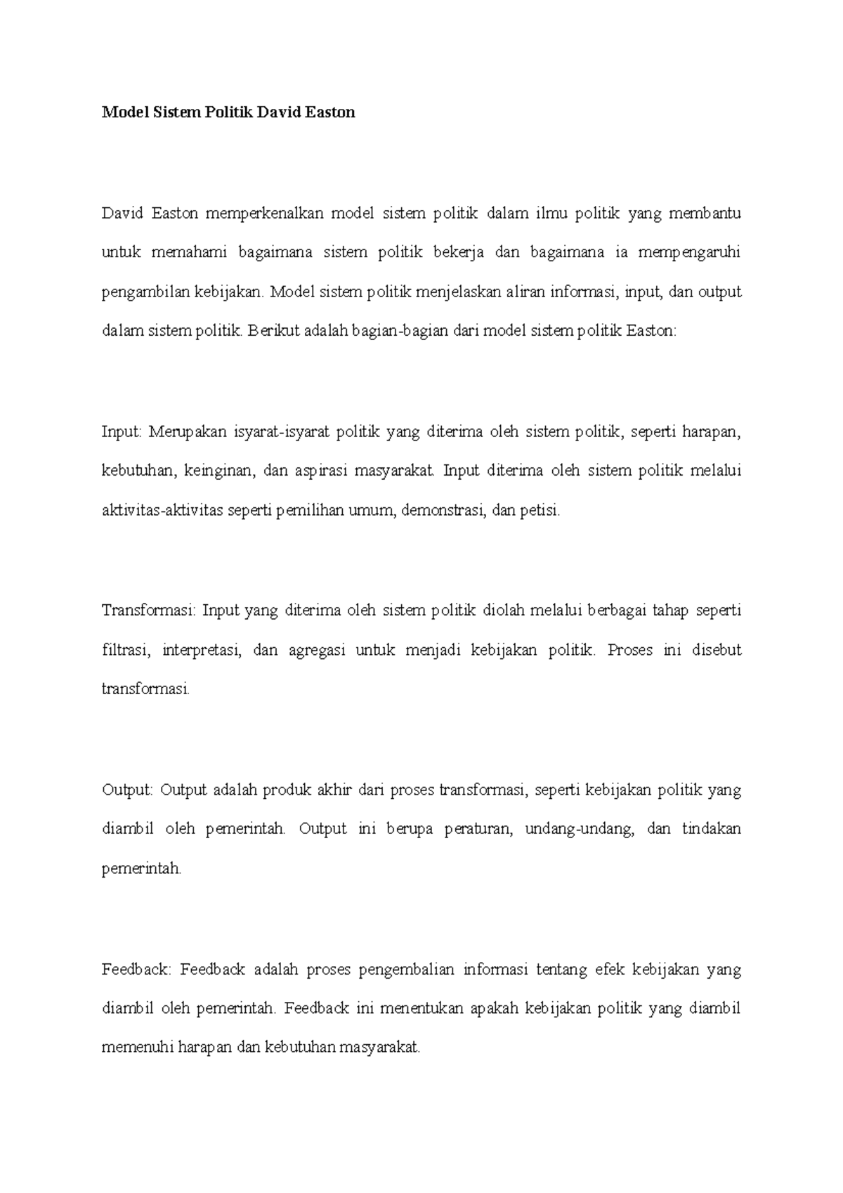 Model Sistem Politik David Easton: Analisis Input, Output & Feedback ...