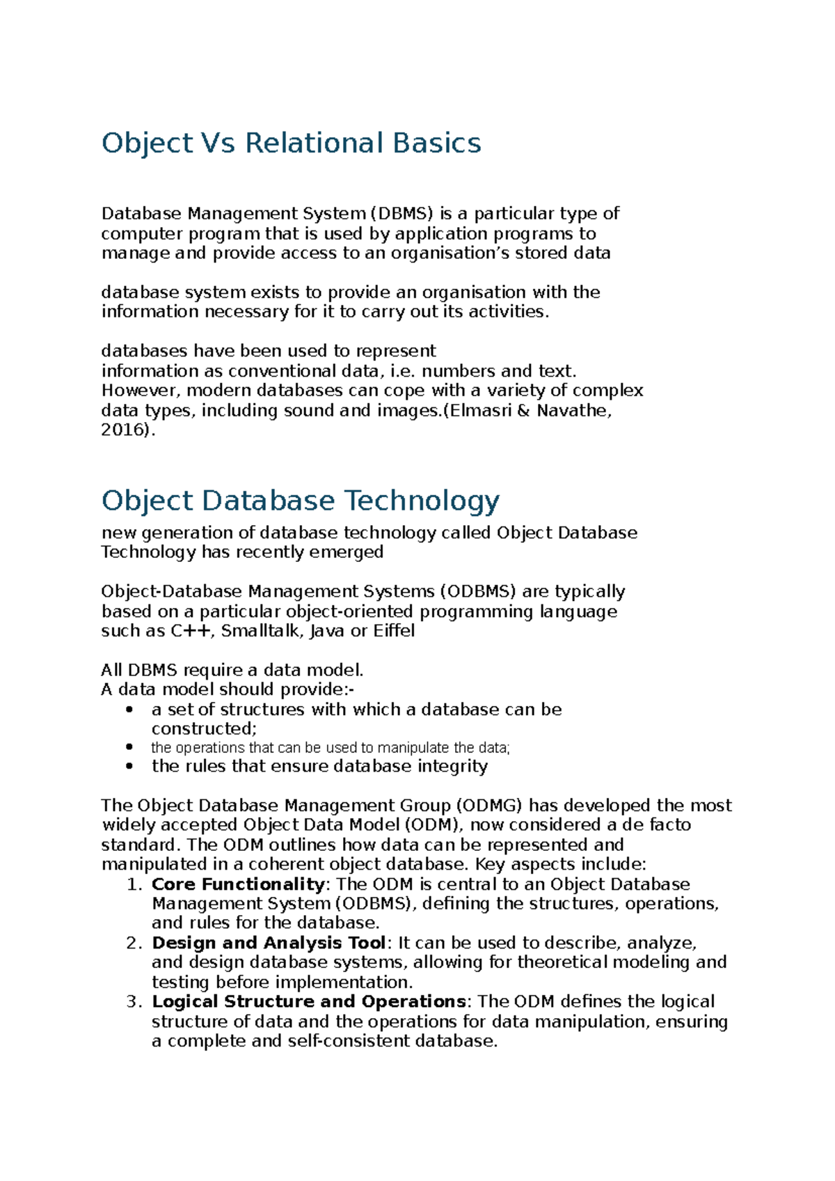Databases H:W - Object Vs Relational Basics Database Management System ...