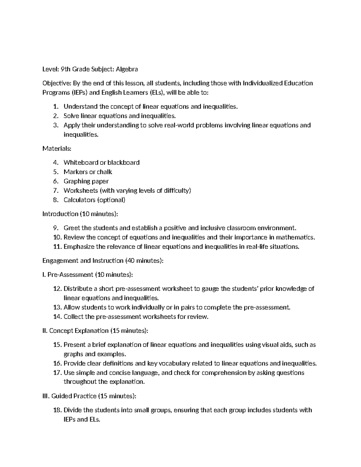 9th Grade Algebra Lesson Plan - Grade Level: 9th Grade Subject: Algebra ...