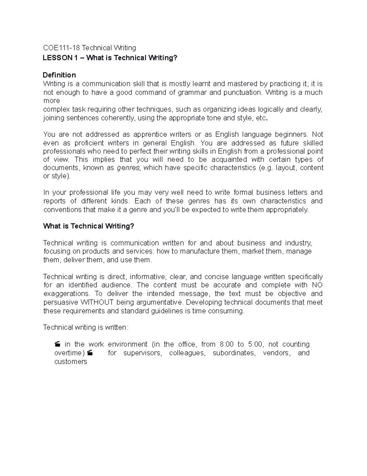 Lesson 1 Technical Writing - LESSON 1 Understanding the Nature of ...