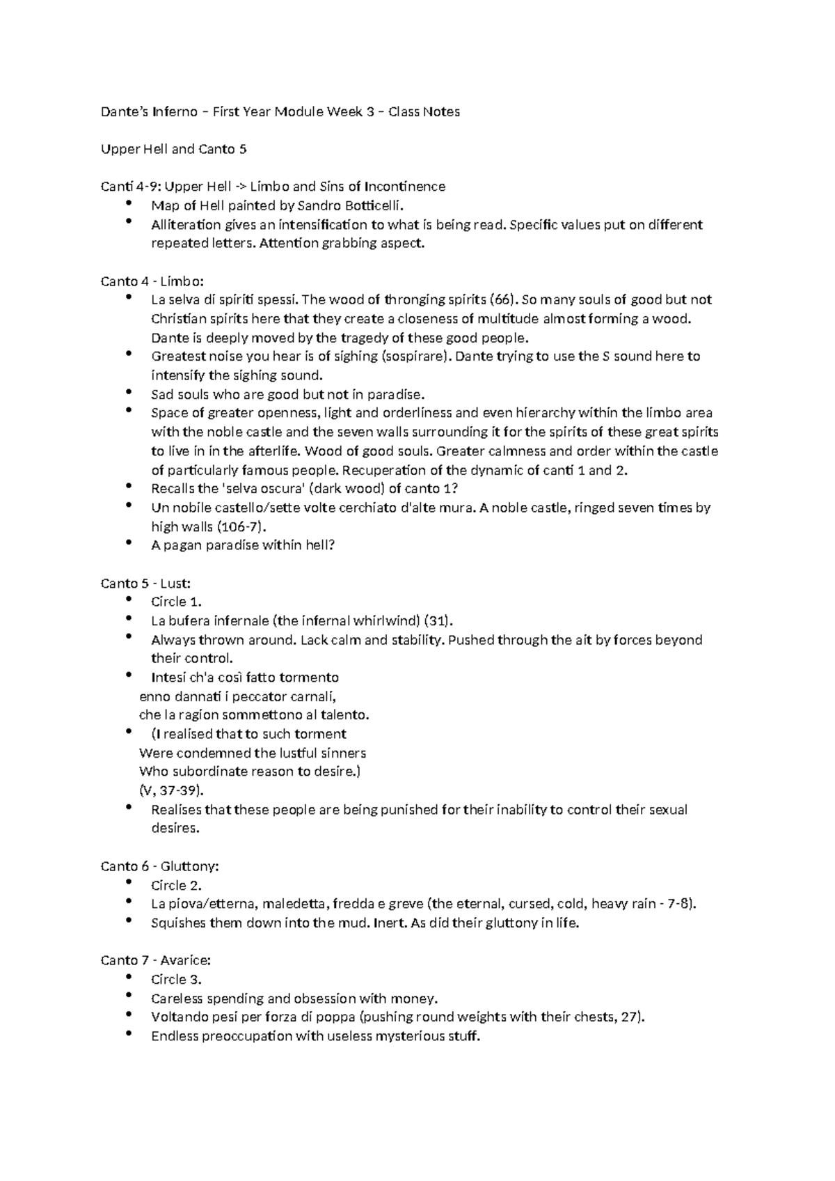 Upper Hell and Canto 5 - Lecture Notes (Inferno Module) - Studocu
