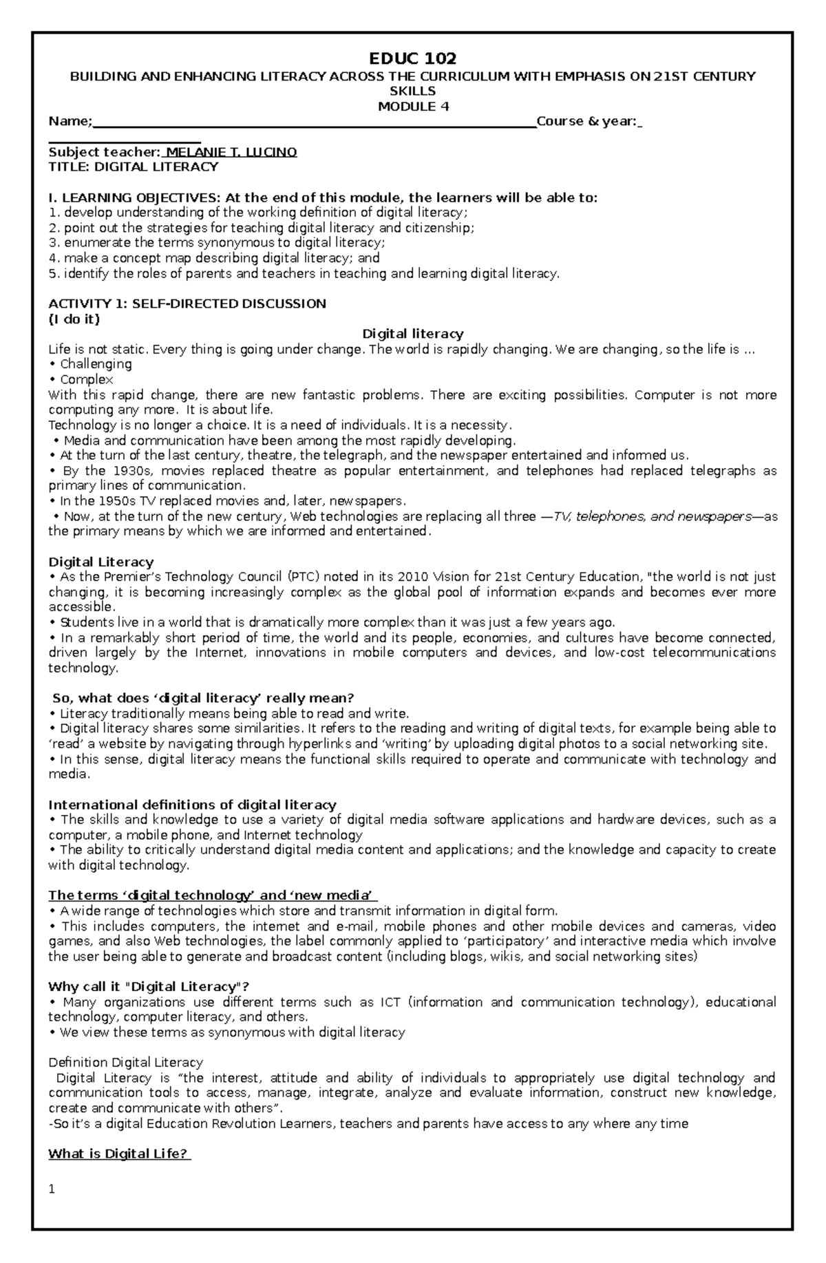 Module 4EDUC102 4751318068281606 - EDUC 102 BUILDING AND ENHANCING LITERACY ACROSS THE ...