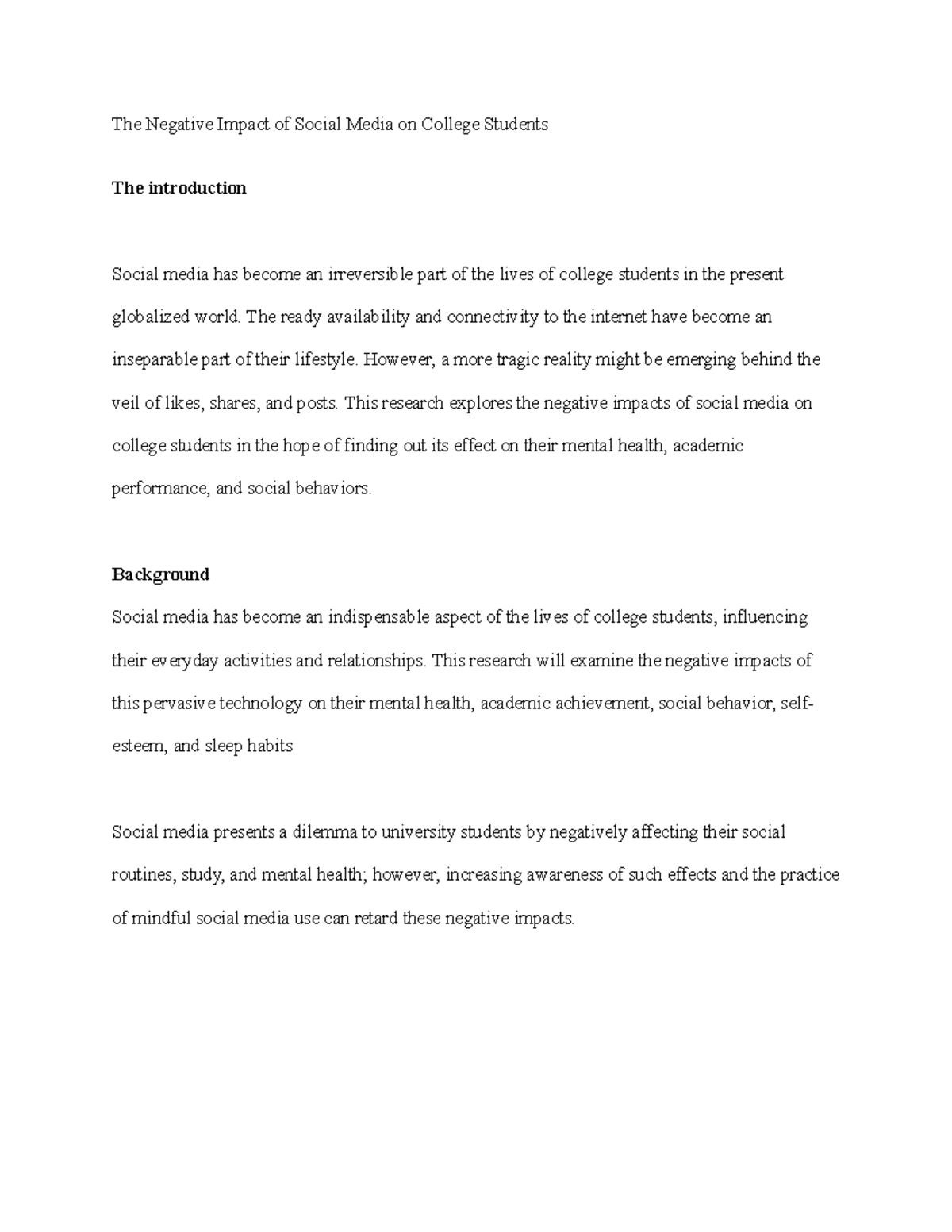 Negative Effects of Social Media on College Students: A Study - Studocu