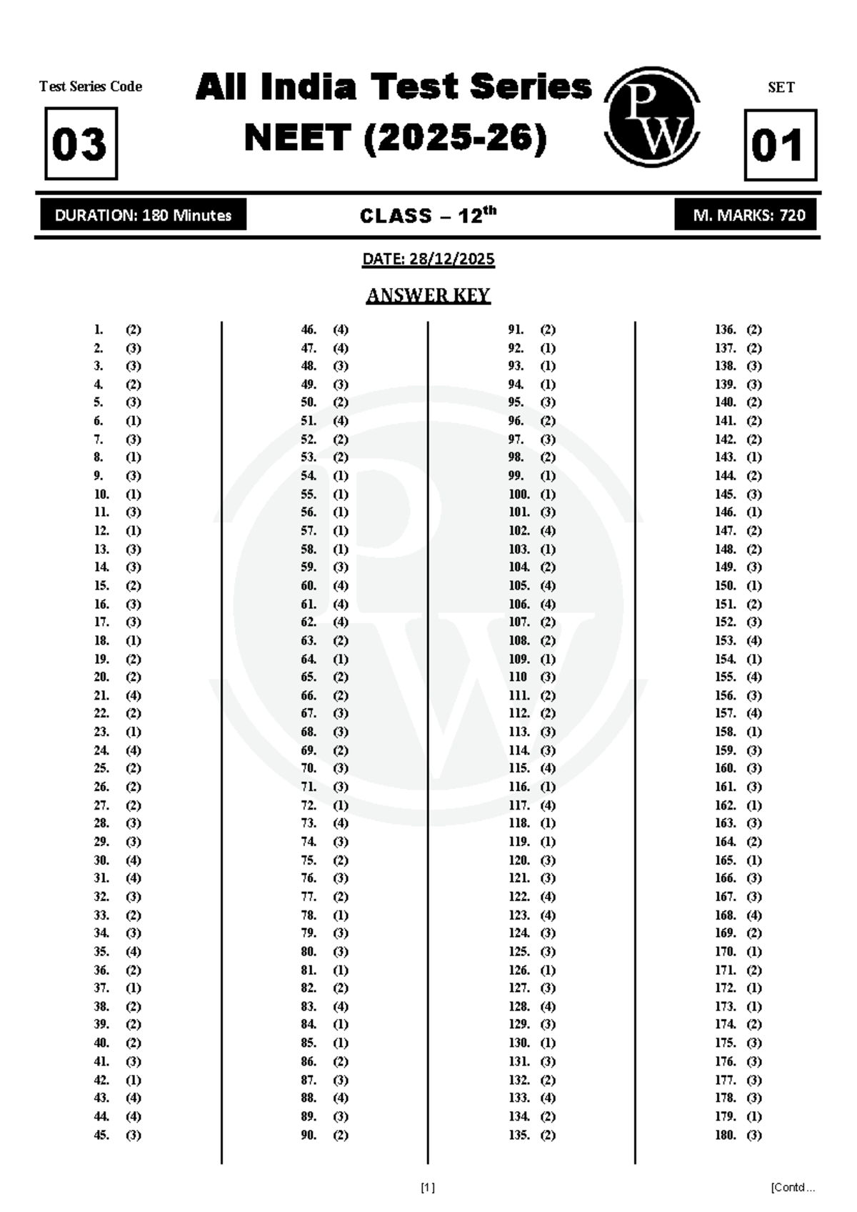 AITS-03 Class 12th NEET 2025-26 Set 01 Answer Key & Solutions - Studocu