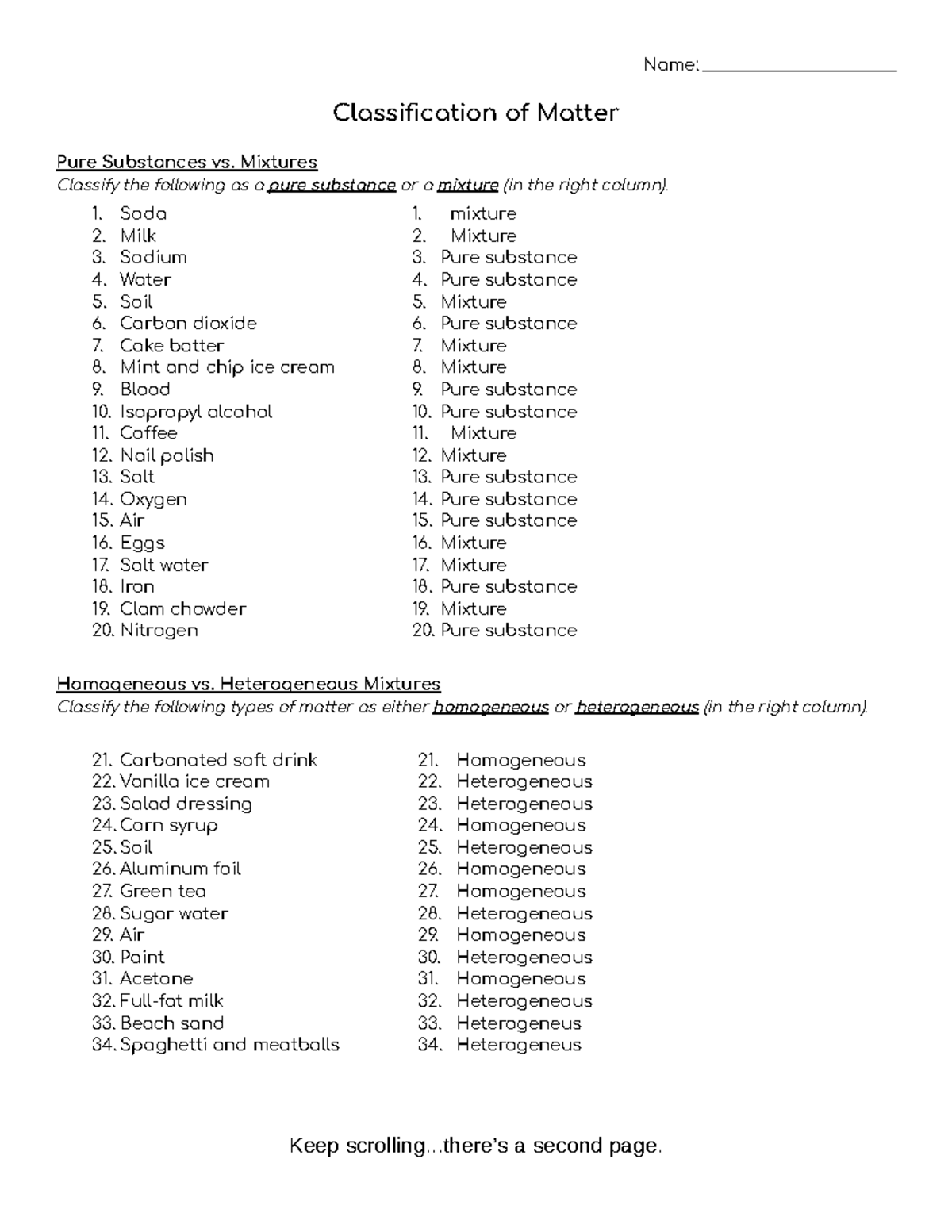 Classification of Matter HW - Pure Substances vs. Mixtures - Studocu