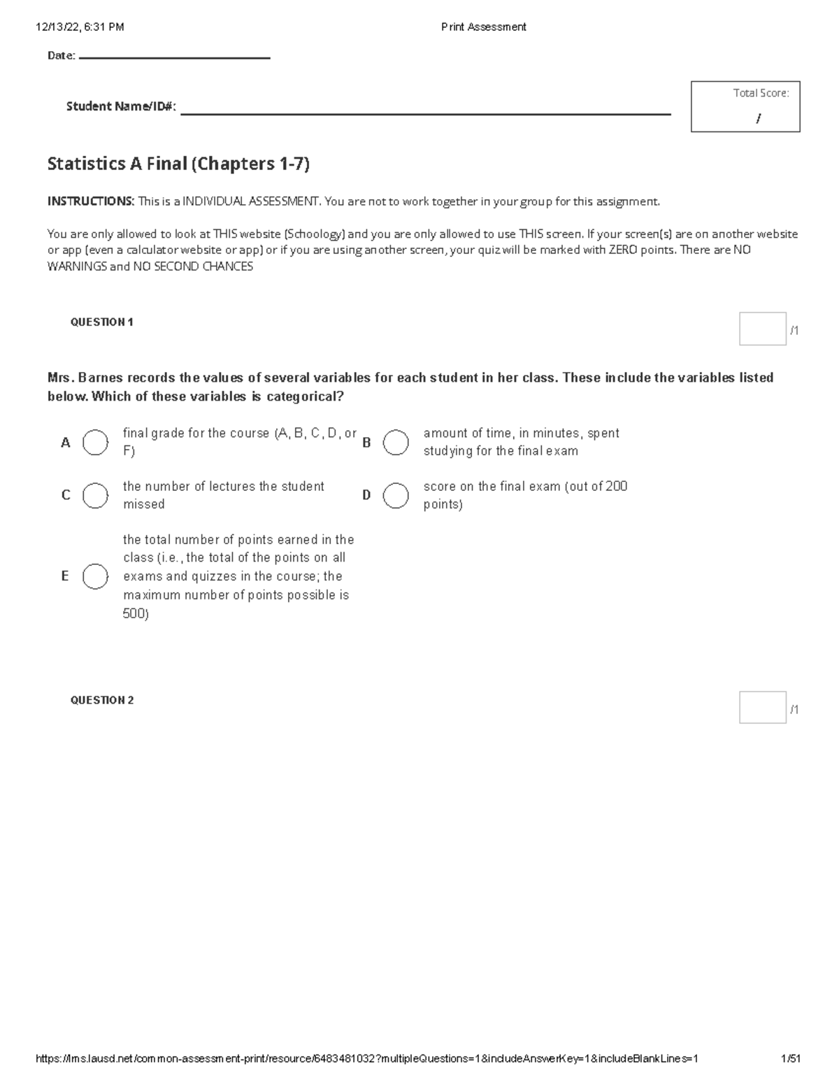AP Stat Final Assessment (Chapters 1-7) - Studocu