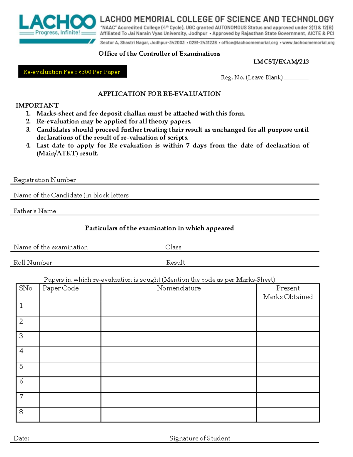 Revaluation Form Notes for Examination Fee Application - Studocu