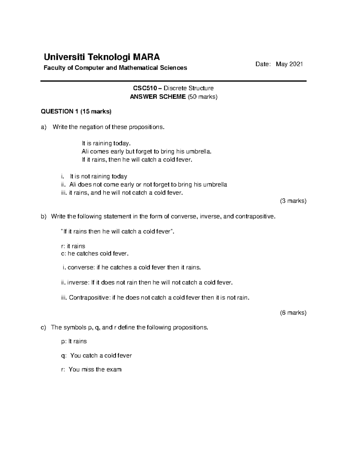2021 May CSC510 Discrete Structures Answer Scheme - Studocu