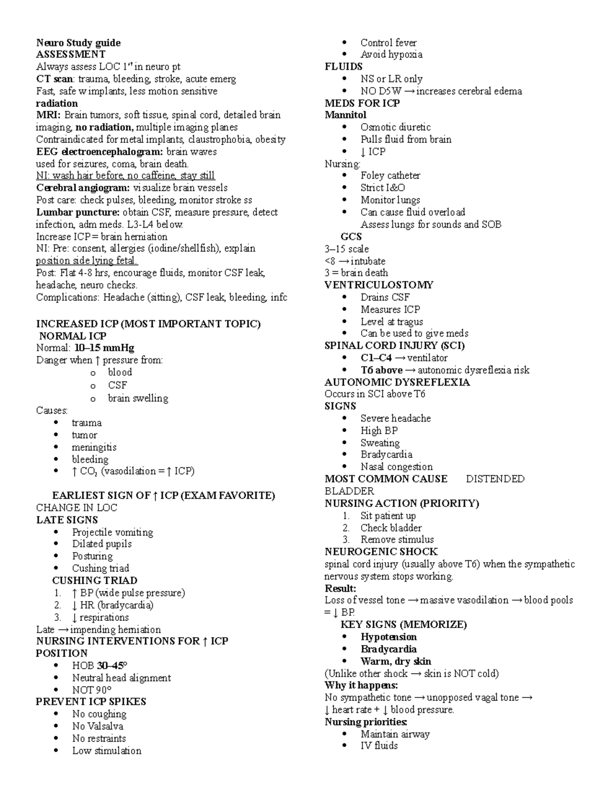 Neuro Study Guide - Assignment: Clinicals on ICP, Brain Tumors, and SCI ...