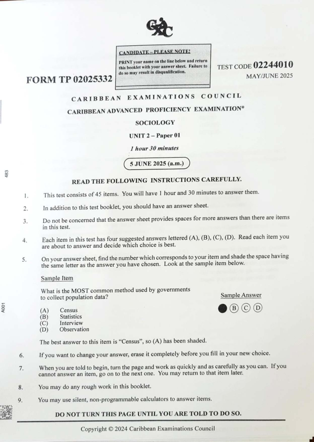 Soc U2 P1 2025 - CAPE Sociology Past Paper Exam - Studocu